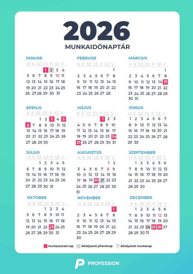 Munkaidőnaptár 2026 - HR feed - powered by Profession